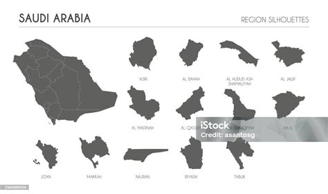 사우디 아라비아 지역 실루엣 설정 및 흰색 배경에 고립 된 국가의 빈지도 벡터 일러스트 레이 션 디자인 아시르에 대한 스톡 벡터 아트 및 기타 이미지 Istock