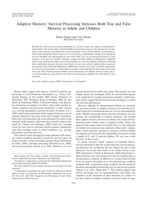 Pdf Adaptive Memory Survival Processing Increases Both True And False Memory In Adults And