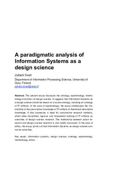 Pdf A Paradigmatic Analysis Of Information Systems As A Design Science