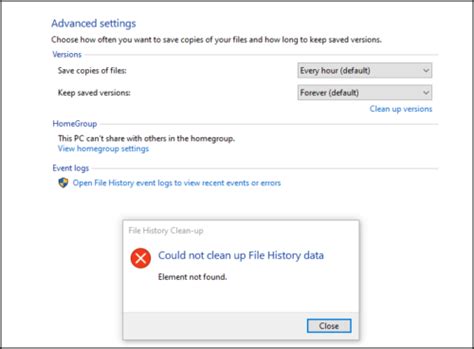 Could Not Clean Up File History Data Element Not Found In Windows