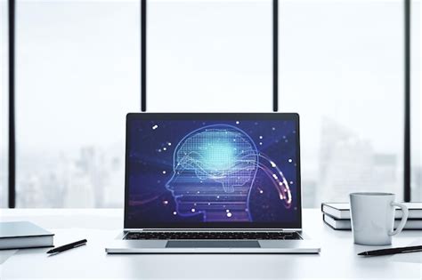 창의적인 인공 지능 기호 신경망 및 기계 학습 개념 3d 렌더링이 있는 현대적인 컴퓨터 모니터 프리미엄 사진