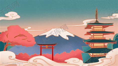 暖色日本富士山风景插画图片 千库网