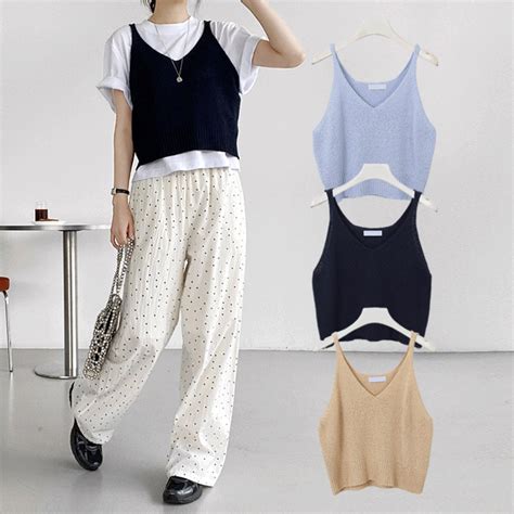 레이어드크롭 부클v넥니트뷔스티에 3color 조끼베스트슬리브리스민소매무지리프짜임베이직데일리여름knit 에이블리