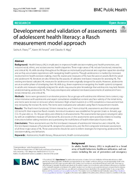 Pdf Development And Validation Of Assessments Of Adolescent Health Literacy A Rasch