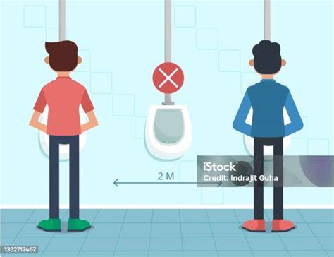 화장실 소변기의 사회적 거리 화장실과 화장실을위한 코비드 19 포스터 사람들은 사무실 화장실에서 사회적 거리를 유지하고 있습니다 공중 화장실에 대한 거리 포스터를 유지