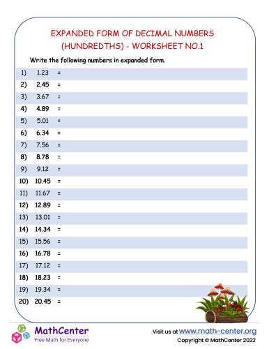 Expanded Form Of Decimal Numbers Hundredths Worksheet No1