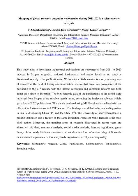 Pdf Mapping Global Research Output In Webometrics During 2011 2020 A Scientometric Analysis