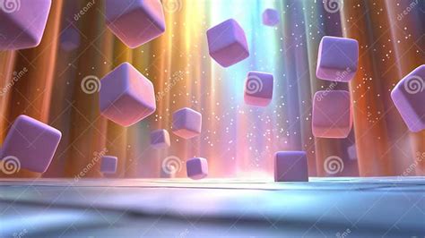A Surreal Scene With Floating Cubes And Colorful Light Beams Creating A Dreamy Atmosphere Stock