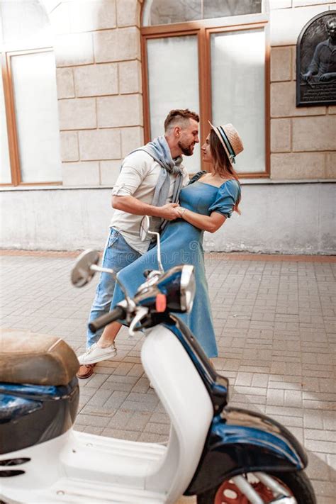 Happy Beautiful Couple Kissing In European City In Summer Day Stock