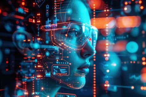Premium Photo Woman With Futuristic Holographic Interface Projection Closeup Of A Woman With A