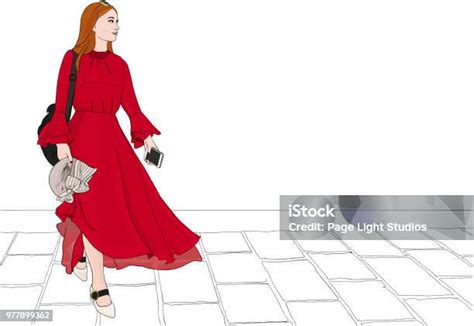 손으로 그린 벡터 일러스트 레이 션 긴 빨간 드레스에서 패션 여자입니다 여자에 대한 스톡 벡터 아트 및 기타 이미지 여자 드레스 한 명의 여자만 Istock