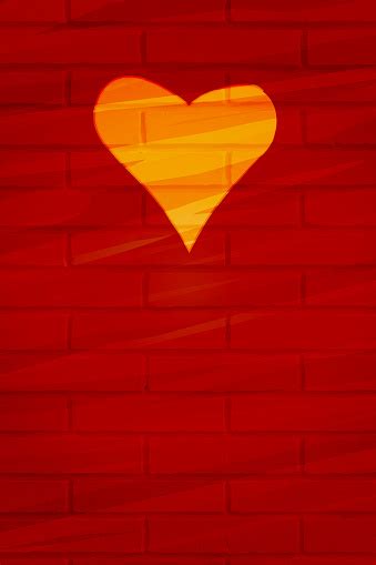 밝은 어두운 붉은 색 벽돌 벽 사랑 테마 하나 활기찬 큰 복숭아 또는 오렌지 컬러 심장 수직 적갈색 벡터 배경과 모든 주위에 공간을 복사 0명에 대한 스톡 벡터 아트 및