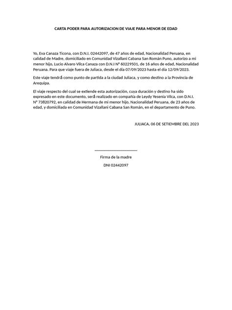 Carta Poder Para Autorizacion De Viaje Para Menor De Edad Pdf