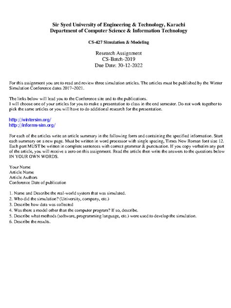 Research Assignment Simulation Practice Sir Syed University Of Engineering And Technology