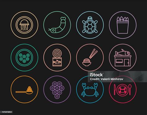 세트 라인 접시에 게 해산물 가게 거북이 생선 통조림 캐비아 해파리 초밥 및 새우 아이콘에 게를 제공했습니다 벡터 갈고리 발톱에