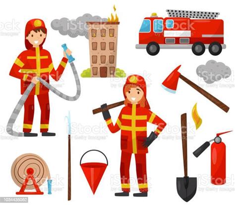 소방 관 및 소방 장비 설정 트럭 소방 호스 소화 전 소화기 도끼 스크랩 양동이 벡터 삽화는 흰색 바탕에 호스 공업용 호스에 대한 스톡 벡터 아트 및 기타 이미지 Istock