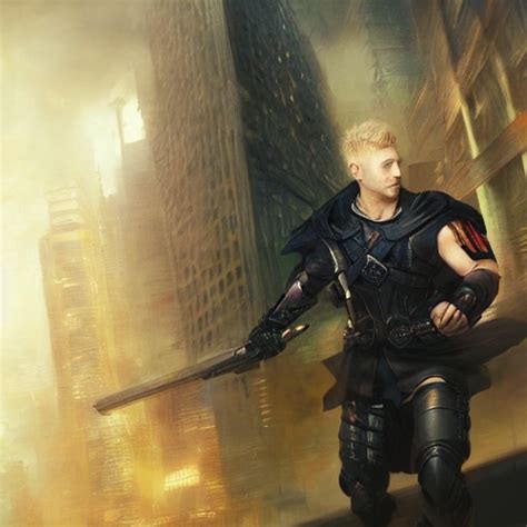 Ruan Jia Night High Detail Face Blond Man Avenger Holding Hi Tech Shield 4k Light And
