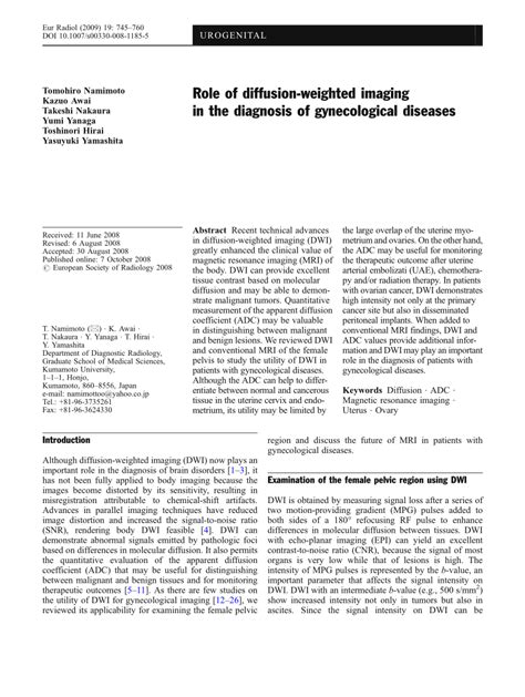 Pdf Role Of Diffusion Weighted Imaging In The Diagnosis Of Gynecologic Diseases