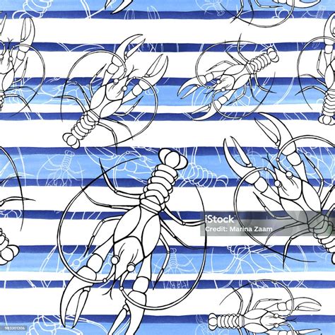 해양 테마 암 랍스터 파란 줄무늬 파도 바다 강 대 완벽 한 패턴의 수채화 그림 줄무늬 배경 여름 패턴 디자인 및 장식 0명에