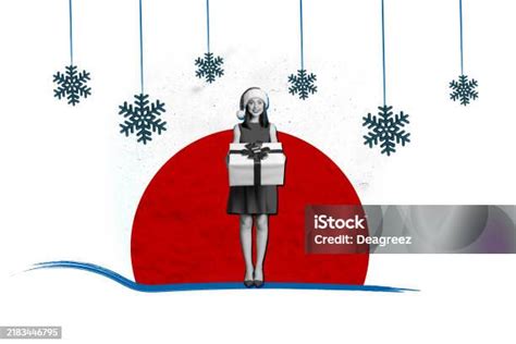 콜라주 블랙 화이트 감마 이미지 아름 다운 매력적인 소녀 손 들고 선물을 당신에게 상자를 들고 그림 배경에 고립 된 12월에 대한 스톡 사진 및 기타 이미지 Istock