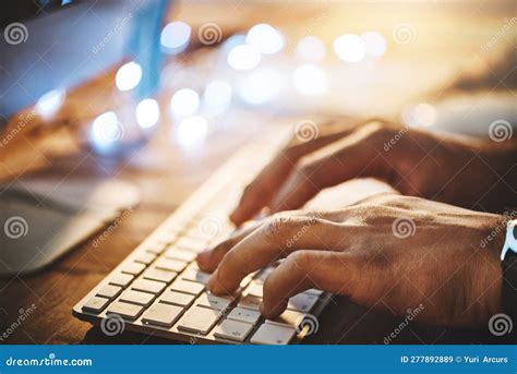 Hands Keyboard And Closeup Of Man Typing While Doing Research On A