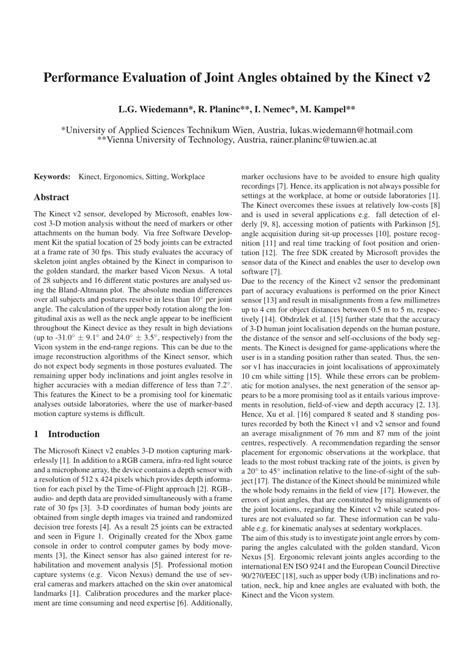 Pdf Performance Evaluation Of Joint Angles Obtained By The Kinect V2
