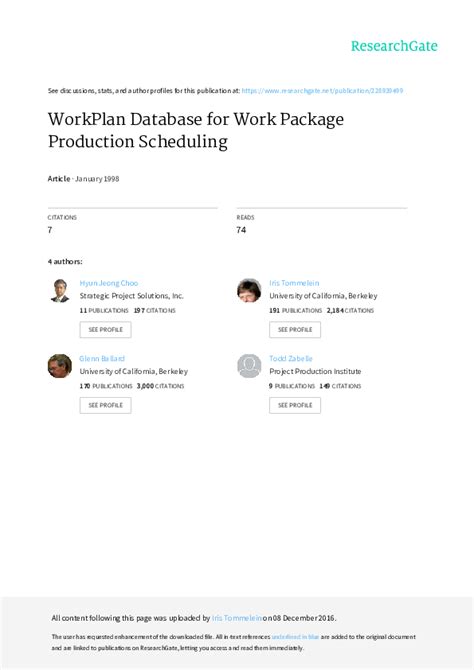 Pdf Work Plan Data Base For Work Package Production Scheduling
