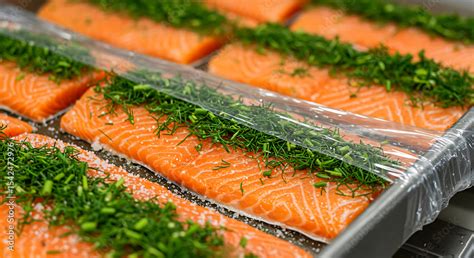 Norwegian Gravlax Industrial Scale Salmon Curing In Sugar Salt Mix Dill Layers Between Fillets