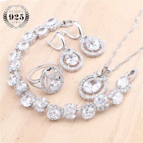 White Zircon 925 Silver Jewelry Sets Bridal For Women Wedding Rings