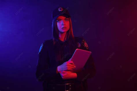 Female Cop Poses Seriously With Red And Blue Backlighting Photo Background And Picture For Free
