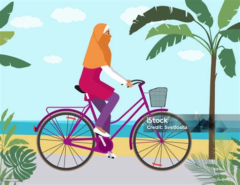 해변을 따라 자전거를 아랍 여자의 그림입니다 무슬림 여자는 바다 근처에 타고 있다 벡터 편평한 야자수 자전거 해변 여성의 아랍어