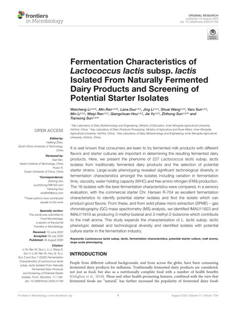 Pdf Fermentation Characteristics Of Lactococcus Lactis Subsp Lactis Isolated From Naturally