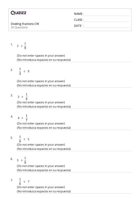 50 Dividing Fractions Worksheets On Quizizz Free And Printable
