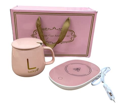 Кружка керамічна з кришкою та підставкою з підігрівом ложка подарунковий набір рожевий 6806