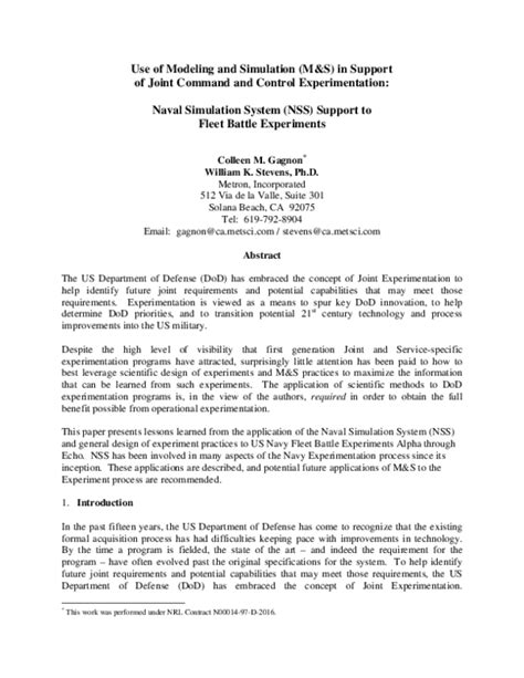 Pdf Use Of Modeling And Simulation Mands In Support Of Joint Command And Control