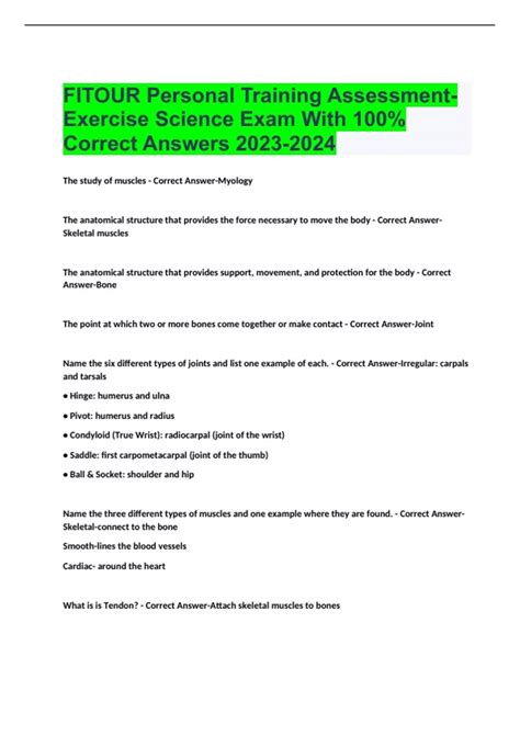 FITOUR Personal Training Assessment Exercise Science Exam With 100 Correct Answers FITOUR