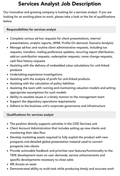 Services Analyst Job Description Velvet Jobs