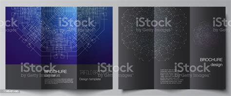 최소 벡터 일러스트 레이아웃입니다 현대 크리에이티브는 삼중 브로셔 또는 전단지를 위한 디자인 템플릿을 다룹니다 빅 데이터 시각화 연결된 회선 및 점으로 기하학적 커뮤니케이션