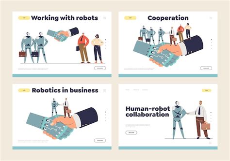 Premium Vector Human And Robot Cooperation Landing Pages Set With Robotics And People Shaking
