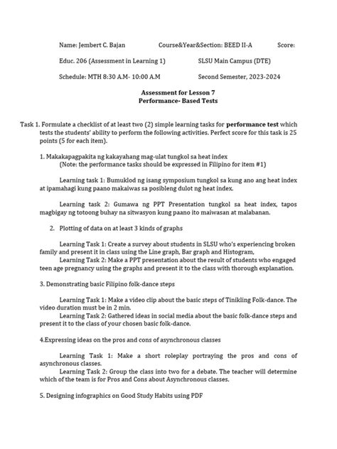 Assessment 7 Performance Based Test Pdf Rubric Academic Educational Assessment