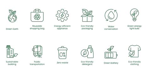 녹색 지구 재사용 가능한 쇼핑백 에너지 효율적인 가전 제품 친환경 포장 물 절약 녹색 에너지 전구 지속 가능한 건물 대중 교통 제로 웨이스트 아이콘 0에 대한 스톡 벡터