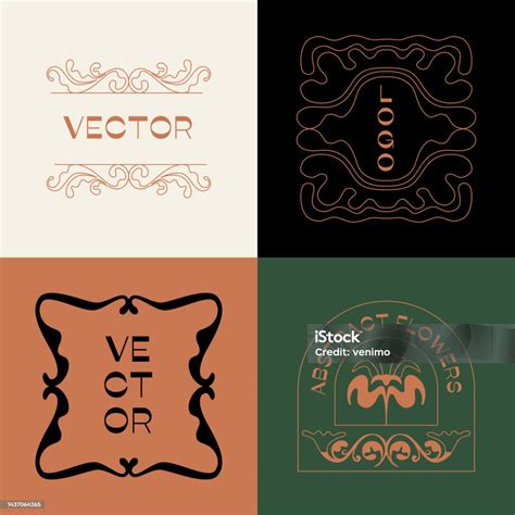 간단한 물결 모양의 선형 스타일의 벡터 로고 디자인 템플릿 및 배지 꽃 요소 및 프레임 포장 유기농 제품 수공예 제품 포스터