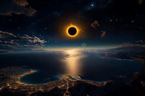 A Total Solar Eclipse Over A Coastal City At Sunset With A Glowing