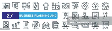 27 개요 웹 비즈니스 계획 및 퍼즐 Saas 데이터베이스 파일 프리젠 테이션 평가 격차 비즈니스 전략 웹 디자인 모바일 앱을위한 비즈니스 벡터 얇은 선 아이콘과 같은