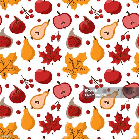 과일 사과와 배 열매 무화과및 단풍 나무 잎의 가을 벡터 원활한 패턴 과일과 추상적 배경 어린이 직물 벽지용 건강한 식품 질감 일러스트레이션 가을에 대한 스톡 벡터 아트 및