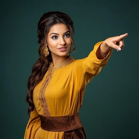 Premium Photo Arafed Woman In A Yellow Dress Pointing At Something
