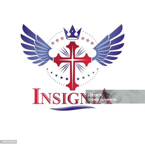 สัญลักษณ์กราฟิกข้ามศาสนาที่สร้างขึ้นโดยใช้มงกุฎจักรพรรดิและปีกนางฟ้าการตรึงกางเขนคริส ภาพประกอบ