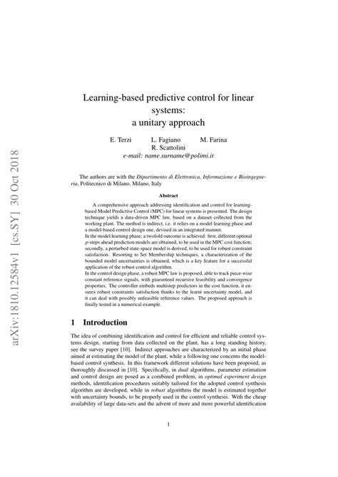 Pdf Learning Based Predictive Control For Linear Systems A Unitary