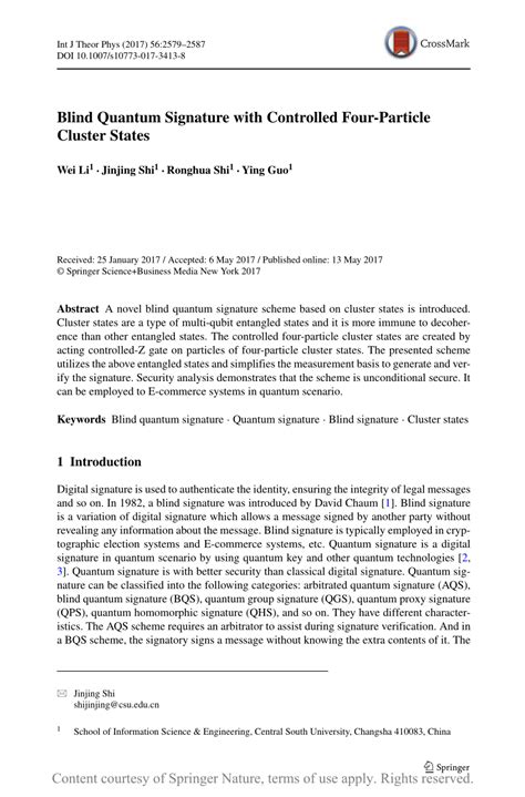 Blind Quantum Signature With Controlled Four Particle Cluster States Request Pdf