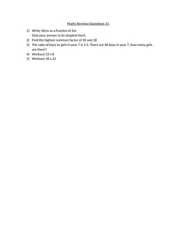 Maths Revision Questions 13 Teaching Resources